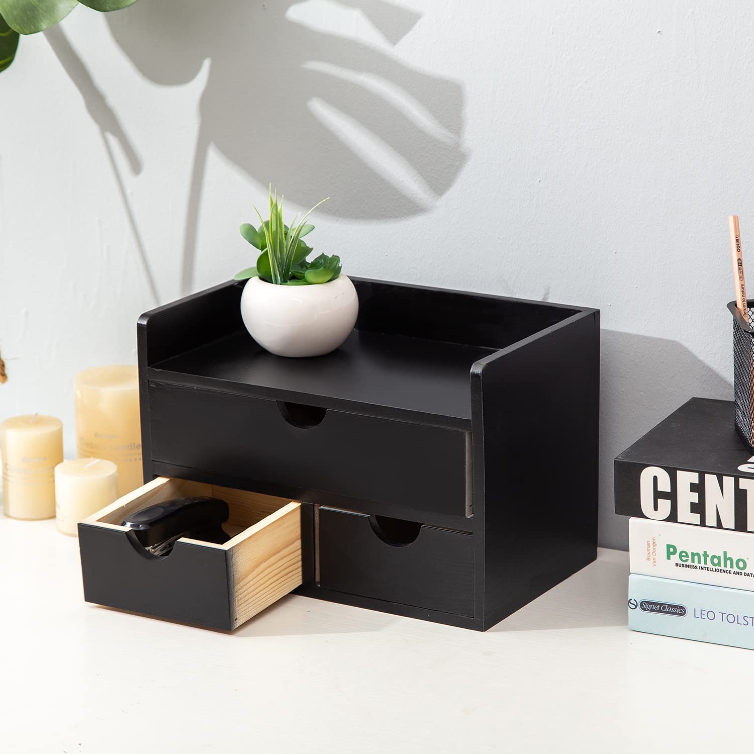 ExoLiry Black Bamboo Desk Organizer Wooden Storage Cabinet 3 Drawers ...