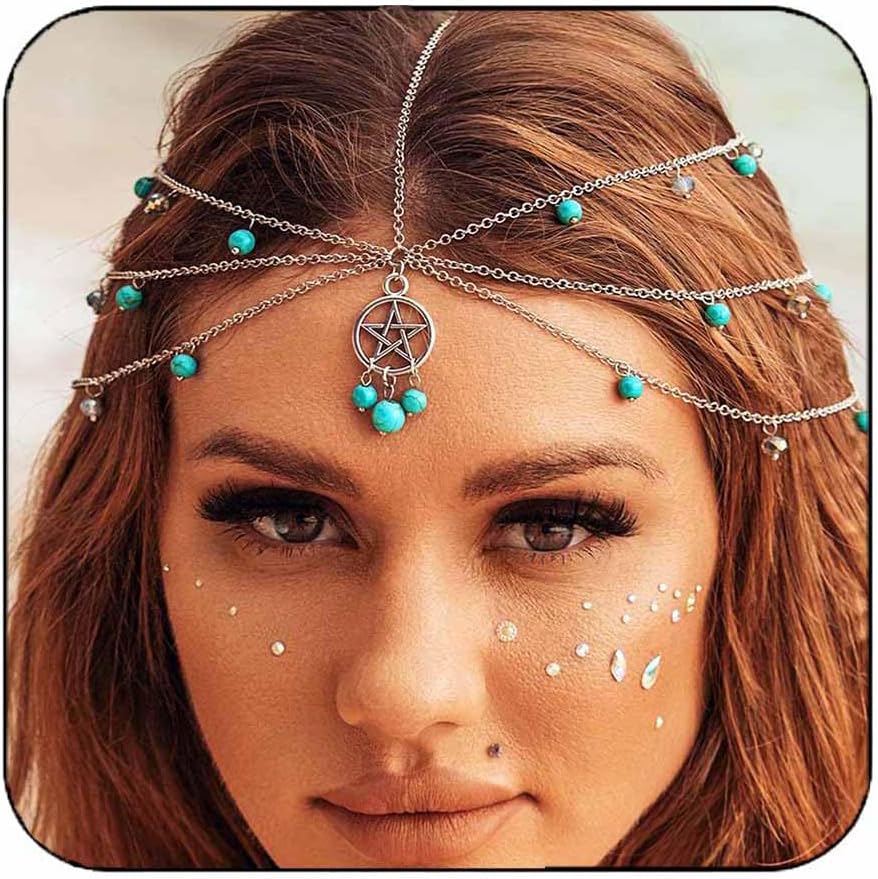 Amazon.com : Fashey Boho Head Chain Turquoise Hair Chains Silver Star ...