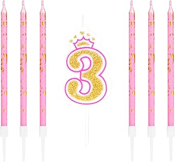 i-QiQi 3rd Birthday Candles Pink Number 3 Candles with Golden Glitter ...