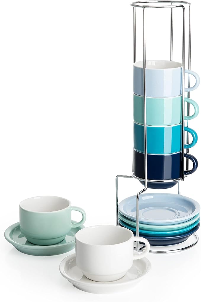 Sweese 405.003 Porcelain Stackable Espresso Cups with Saucers and Metal ...