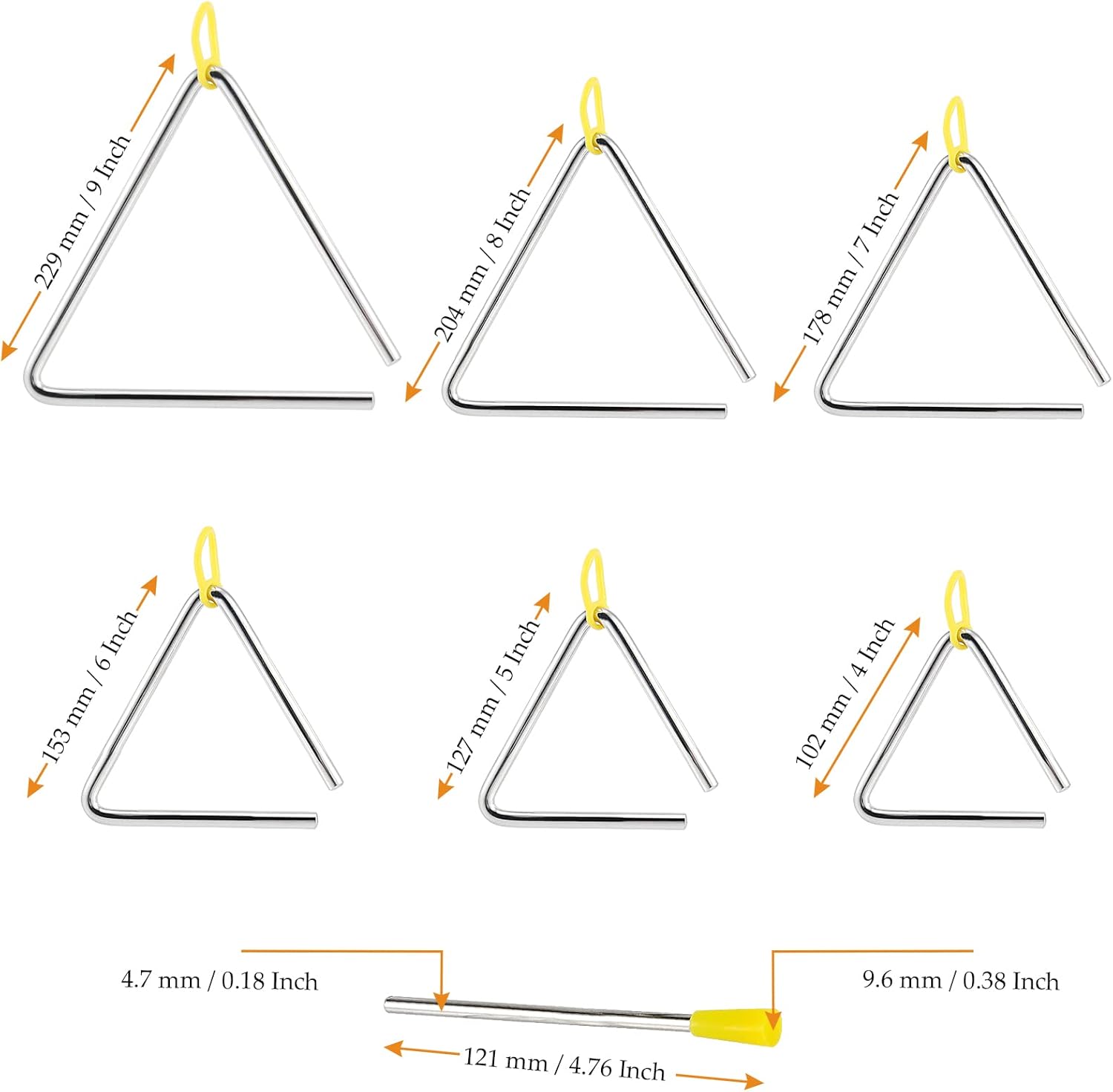 Juego de 6 instrumentos de triángulo musical, 4, 5, 6, 7, 8, 9 pulgadas ...