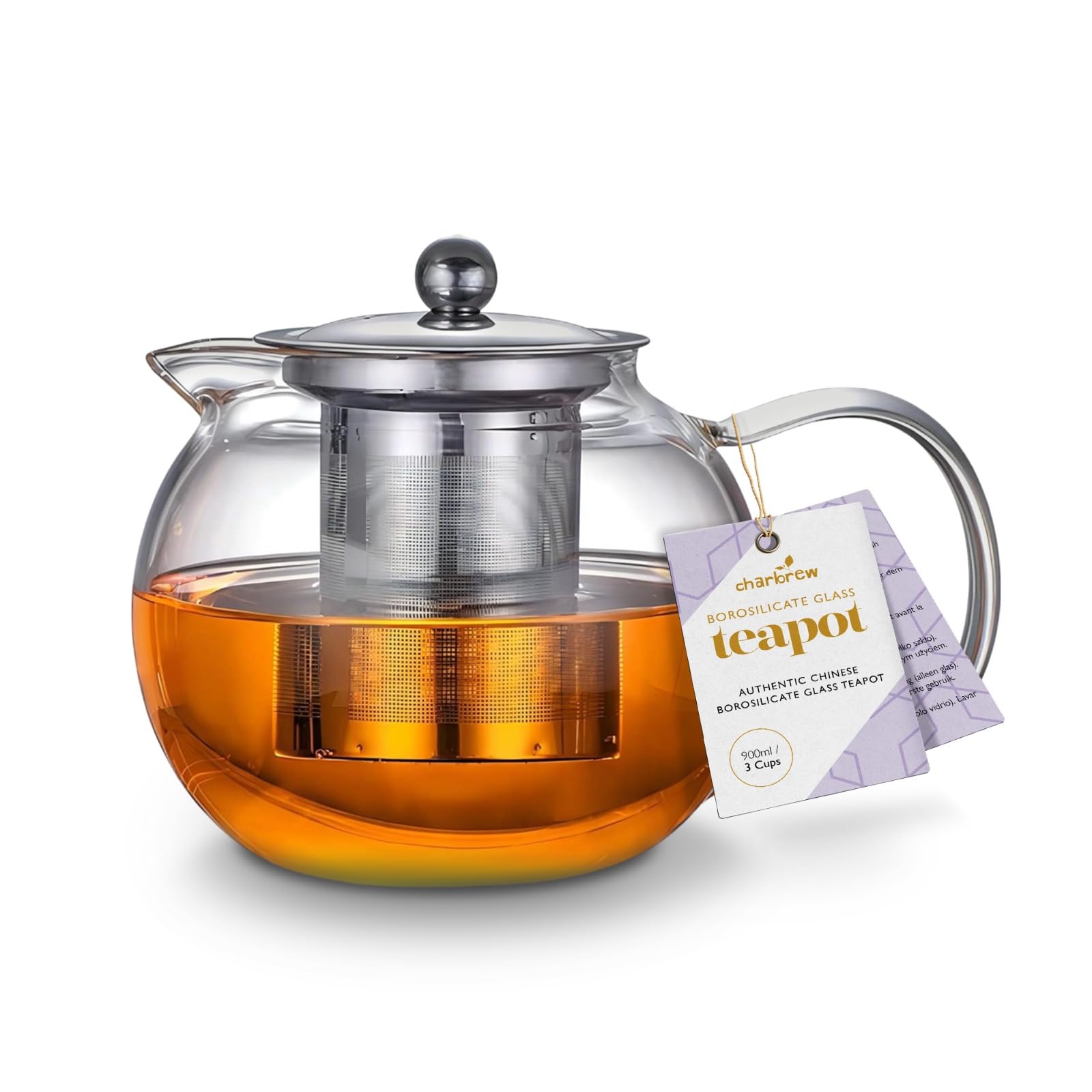 Charbrew 900ml Round Glass Teapot Silver with Stainless Steel Infuser : Amazon.co.uk: Home & Kitchen