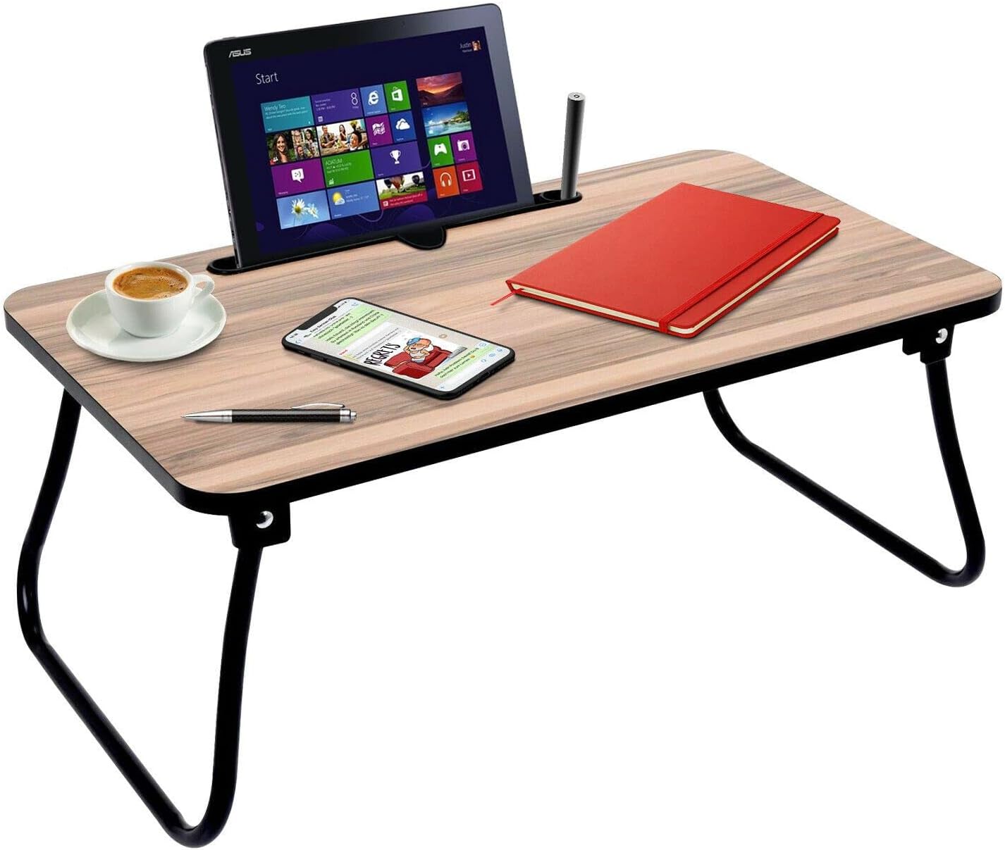 AAMEN Wooden Laptop Tray Table with Cup Holder, Non-Slip Metal Legs ...
