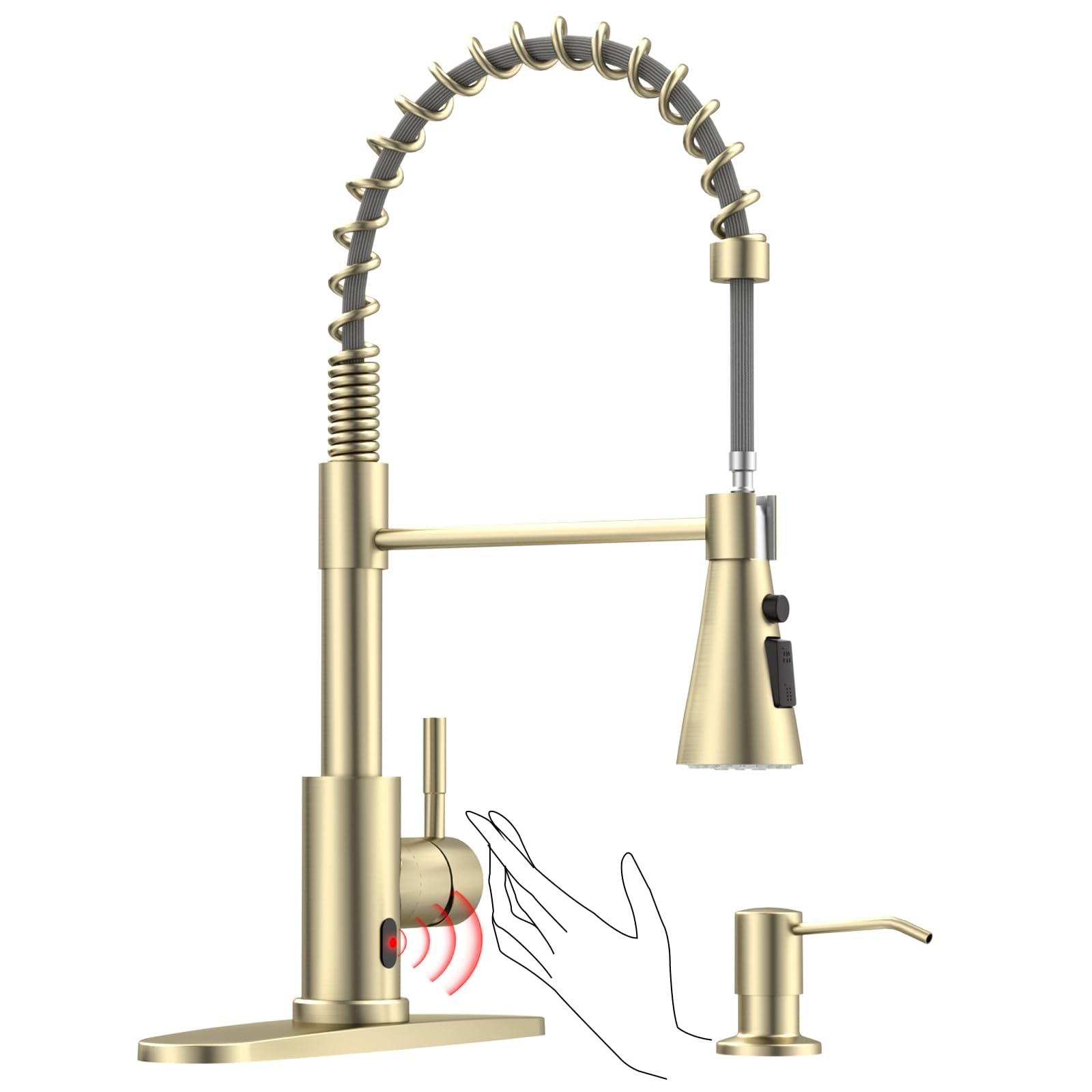 DAYONE Brushed Gold Touchless Kitchen Sink Faucets with Soap Dispenser ...