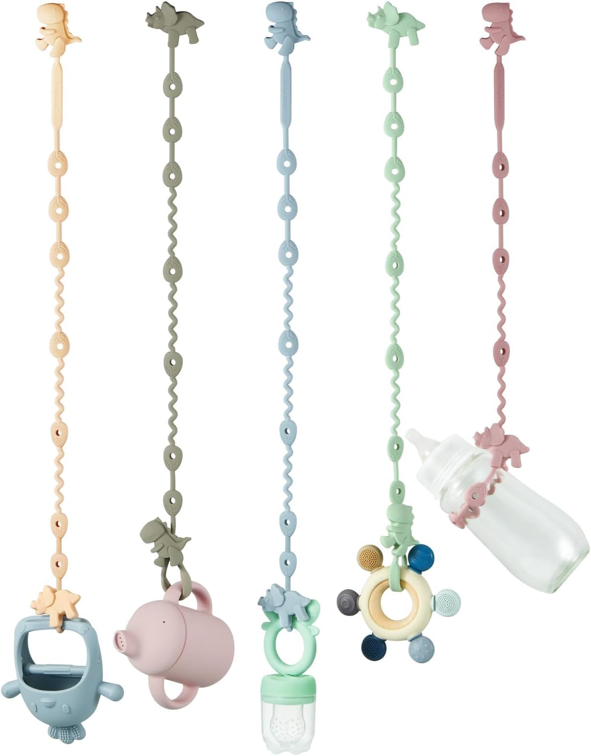 PandaEar Baby Toy Straps - 5 Pack Dinosaur Silicone Pacifier Teether ...