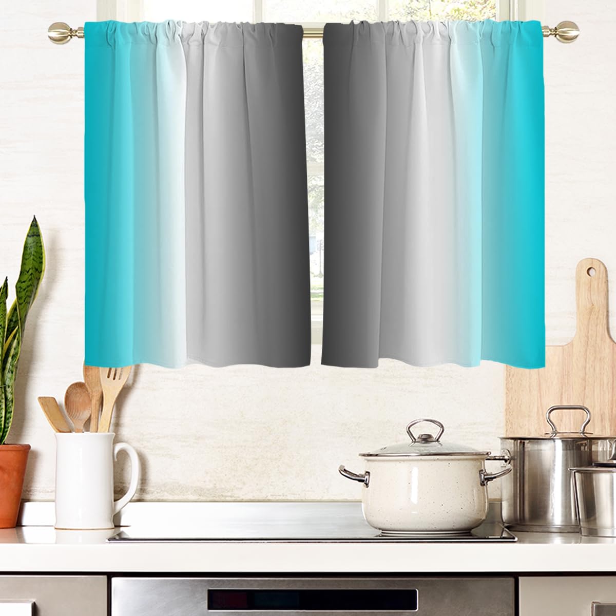 Amazon.com: AAtter Turquoise Window Curtains for Kitchen Teal and Grey ...