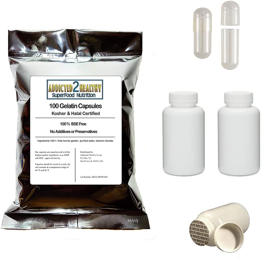 100 Empty Clear Gelatin Capsules + 2 Pack Plastic White Empty Capsule ...