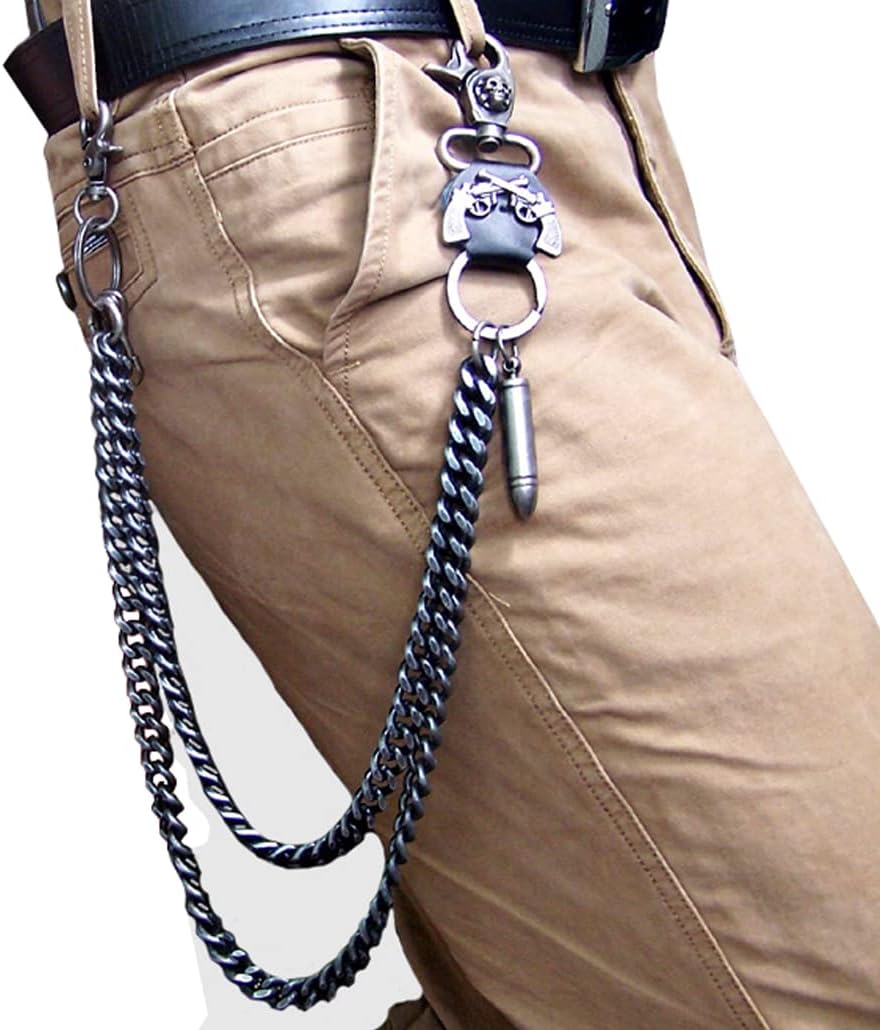 Men Fashion Punk Hip-hop Pants Trousers Key Chain Metal 2-row Chains ...