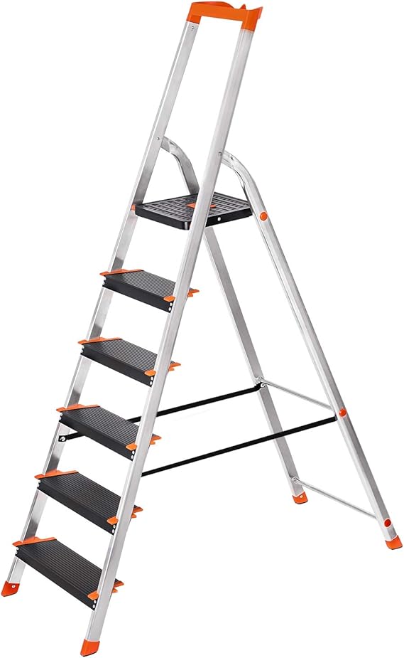 SONGMICS Step Ladder, 6-Step Folding Ladder with 12 cm Wide Steps, with ...