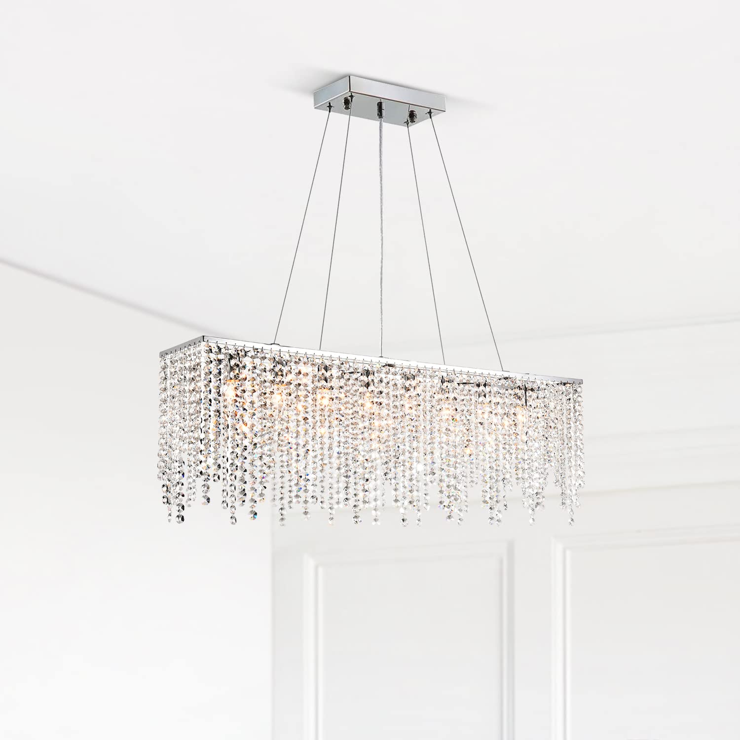 Buy CROSSIO Contemporary Rectangular Crystal Chandelier Silver Linear ...