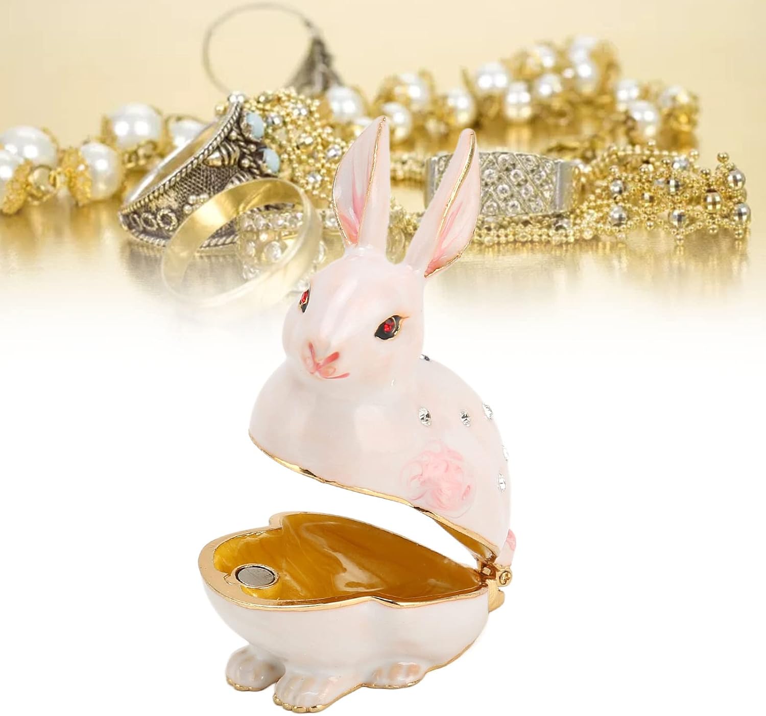Bunny Trinket Box, White Rabbit Enameled Cute Animals Design Hinged ...