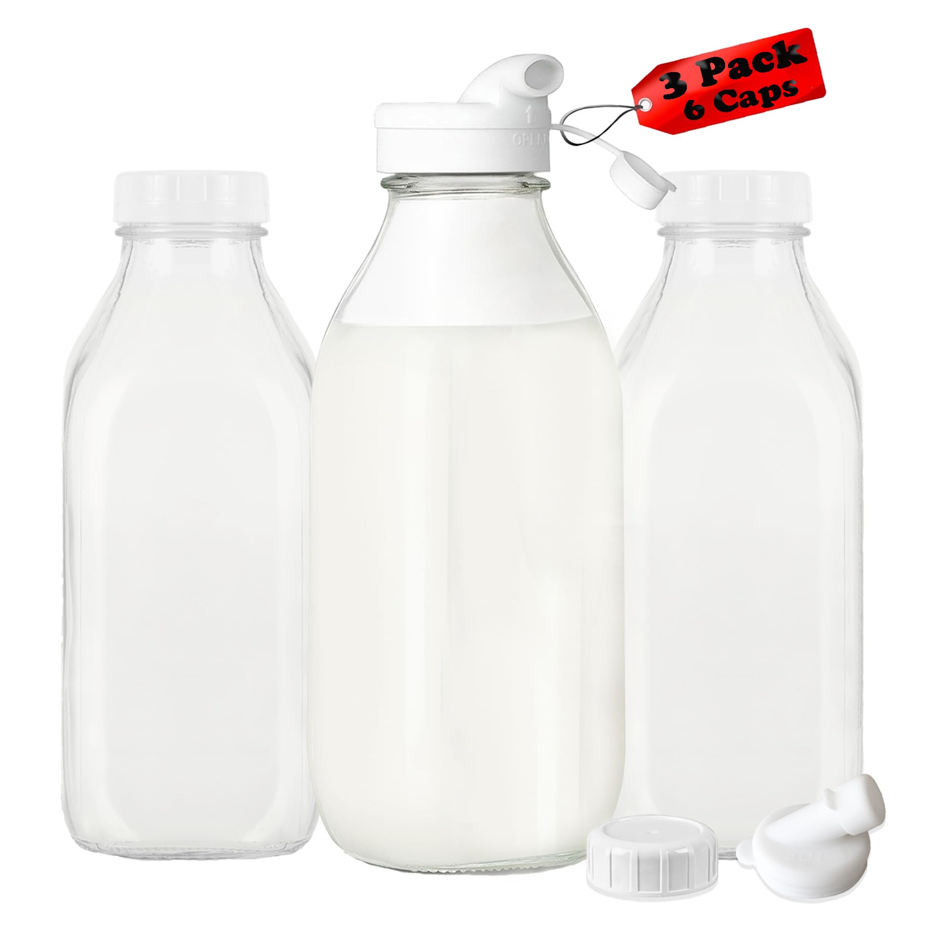 32oz/1L Glass Milk Bottle with Dispenser Cap, 3 Pack Glass Juice ...