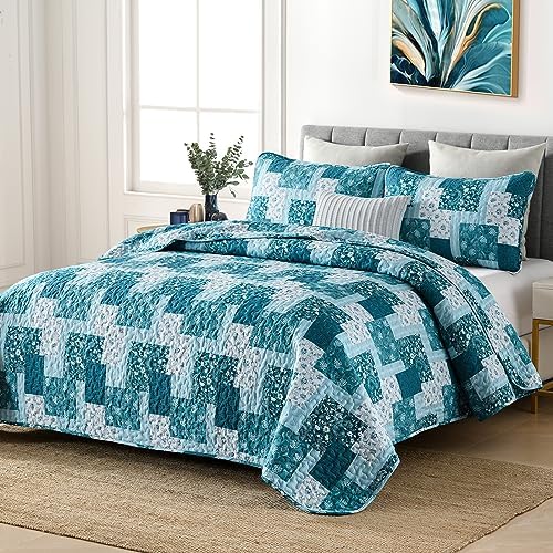Amazon.com: Anibedding Aqua Quilt Set Queen Size,3 Pieces Floral ...