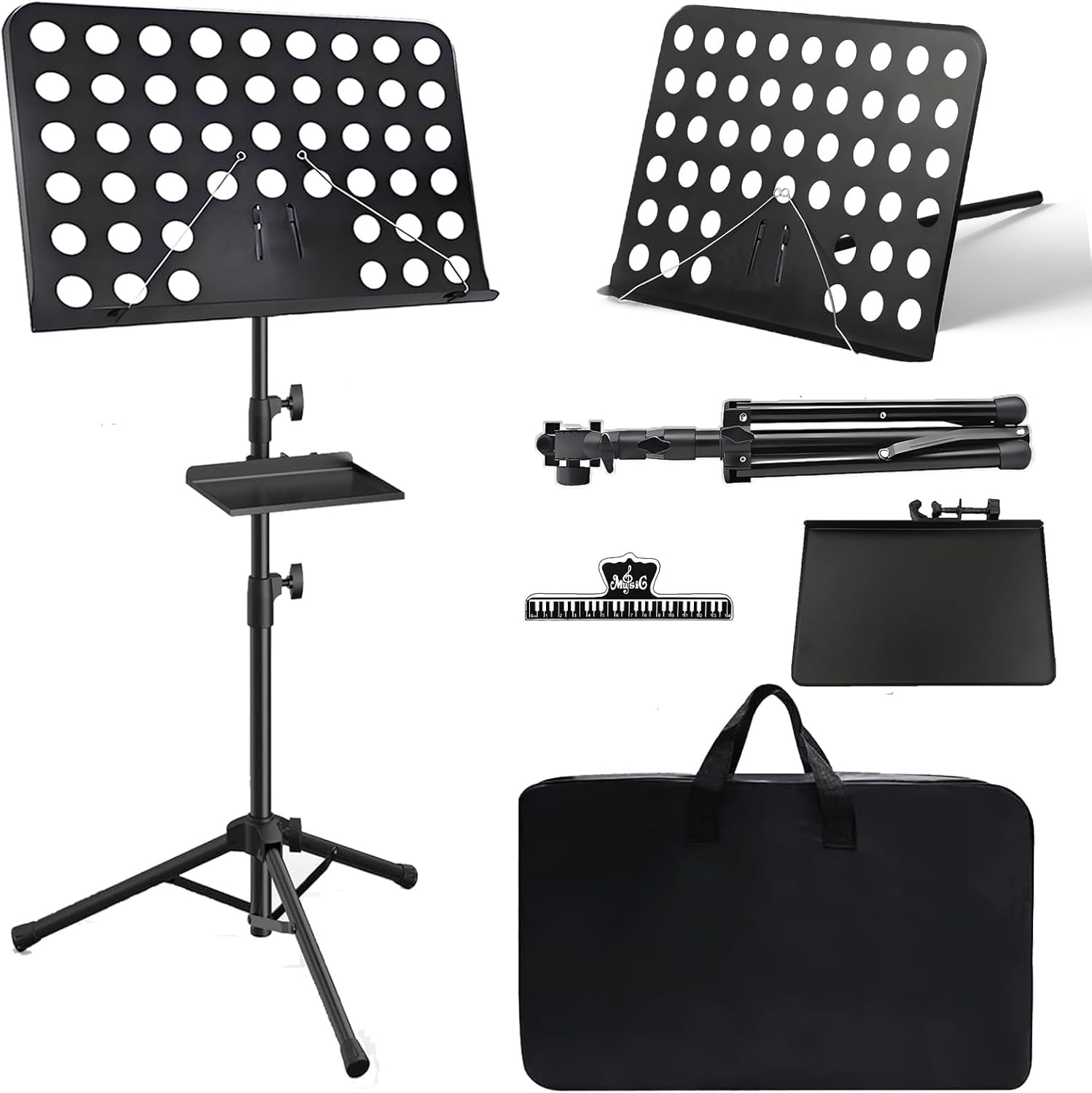 Toconv 4-in-1 Portable Music Stand with Clamp-on Tray, Sheet Music Clip ...
