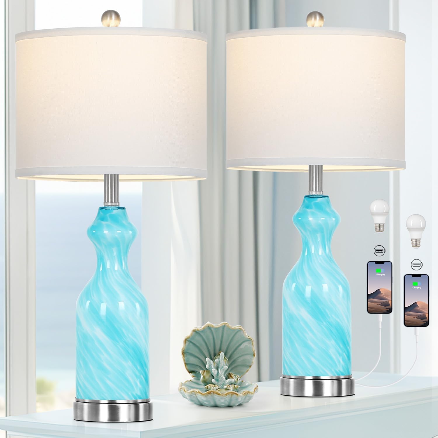Rinweey 26" Modern Glass Table Lamp for Living Room, Lamps for Bedrooms ...