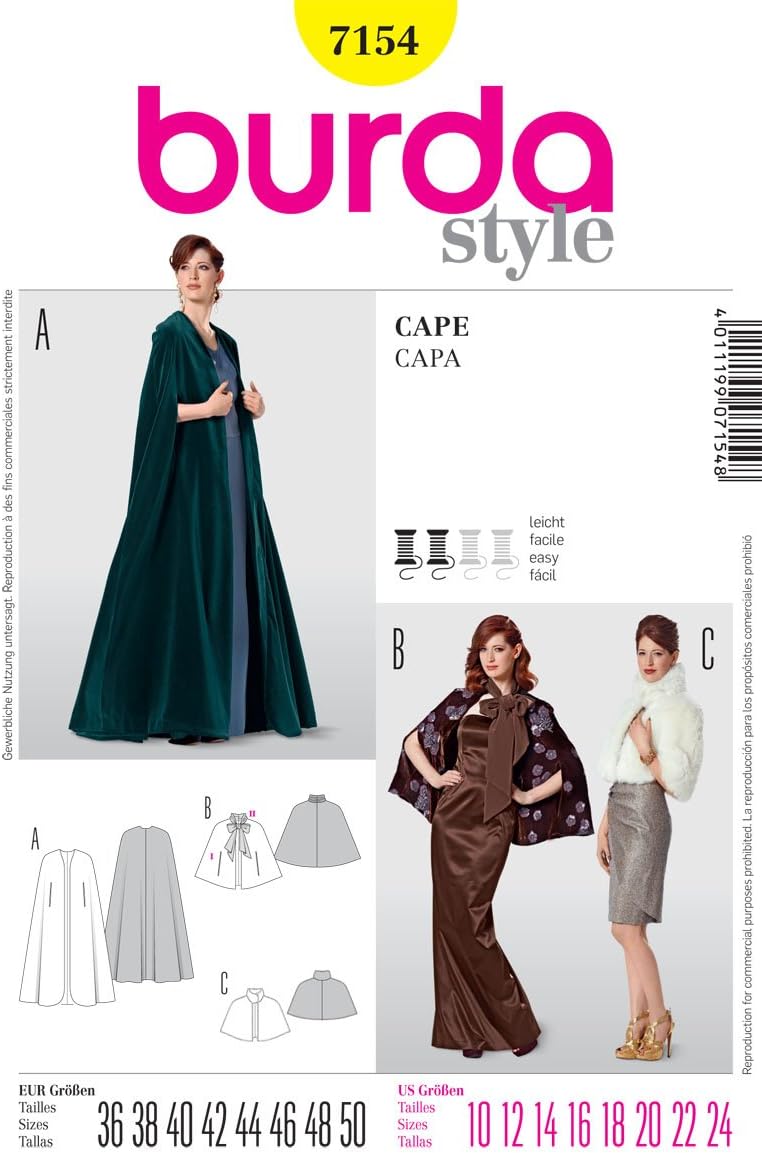 Amazon.com: BURDA 7154 CAPE (3 LENGTHS) SIZE 10-24 ~ SEWING PATTERN ...