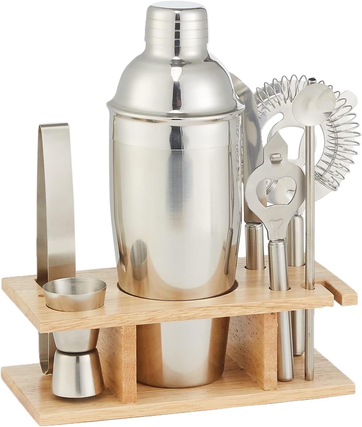 Amazon Basics 8-Piece Stainless Steel Bar Tool Set with Wooden Stand ...