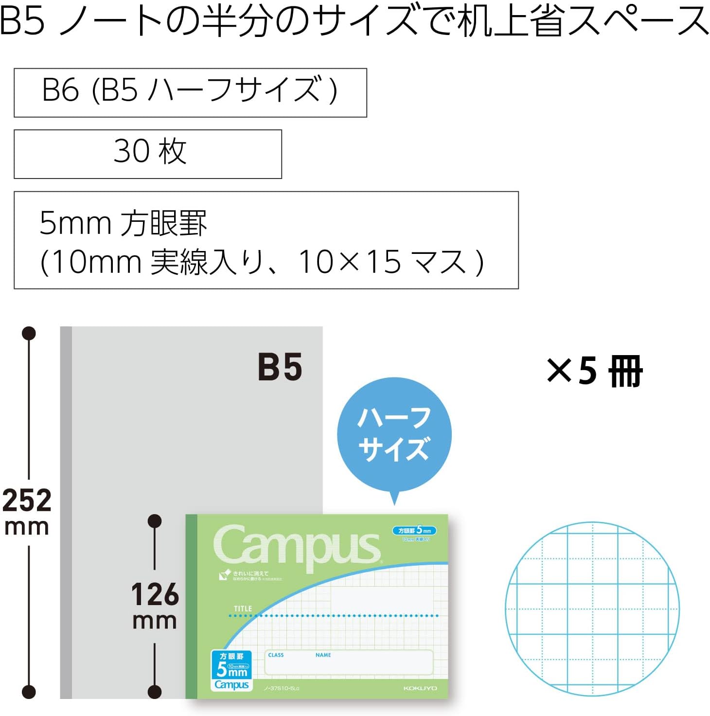 コクヨ キャンパスノート ハーフサイズ 方眼罫 ライトグリーン ノ-37S10-5LG 数量限定価格!!