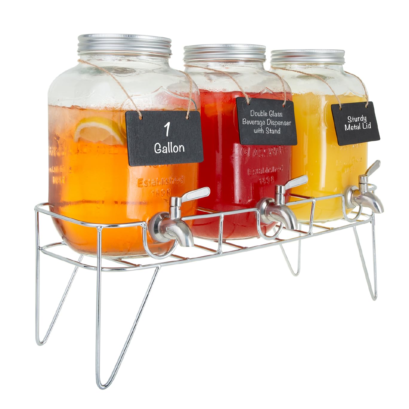 Ilyapa 3 Pack Triple Glass Beverage Dispenser with Stand - 1 Gallon ...
