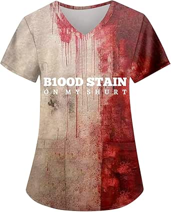 Amazon.com: Halloween Scrub Tops Women Horror Bloody Print Nurse Shirts ...