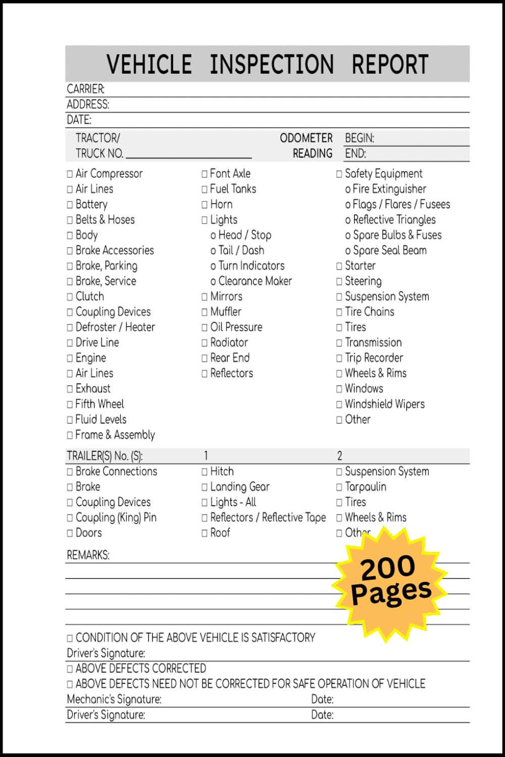 Driver Vehicle Inspection Report Book: Daily Vehicle Inspection ...