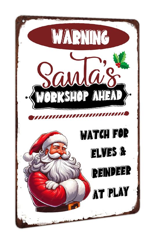 Amazon.com : Vintage Santas Workshop Tin Sign Warning Santa's Workshop ...