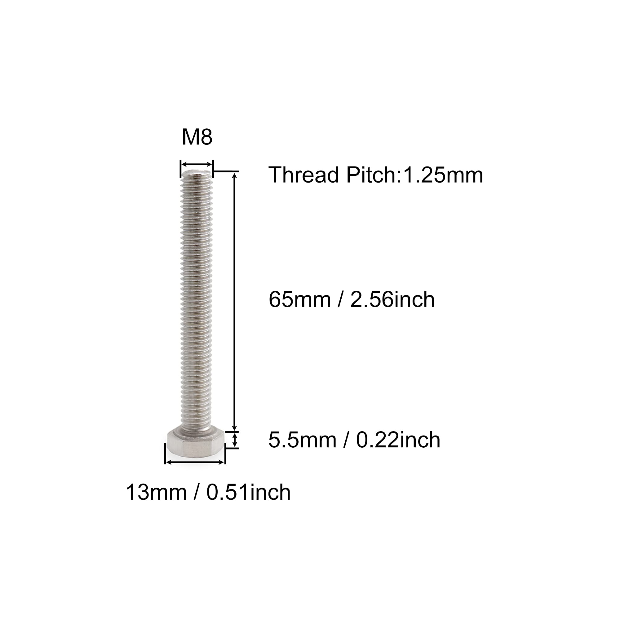 Snapklik.com : M8 Hex Head Bolt Screw, M8-1.25 X 65mm Stainless Steel ...
