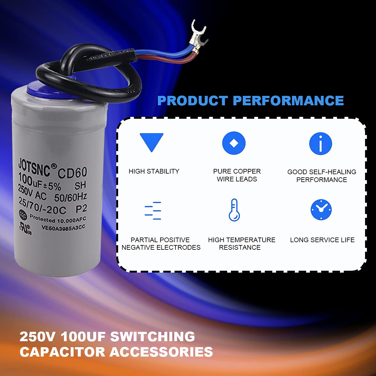 100UF CD60 Motor Start Capacitor with Wire Cable, 250V AC 50/60HZ ...