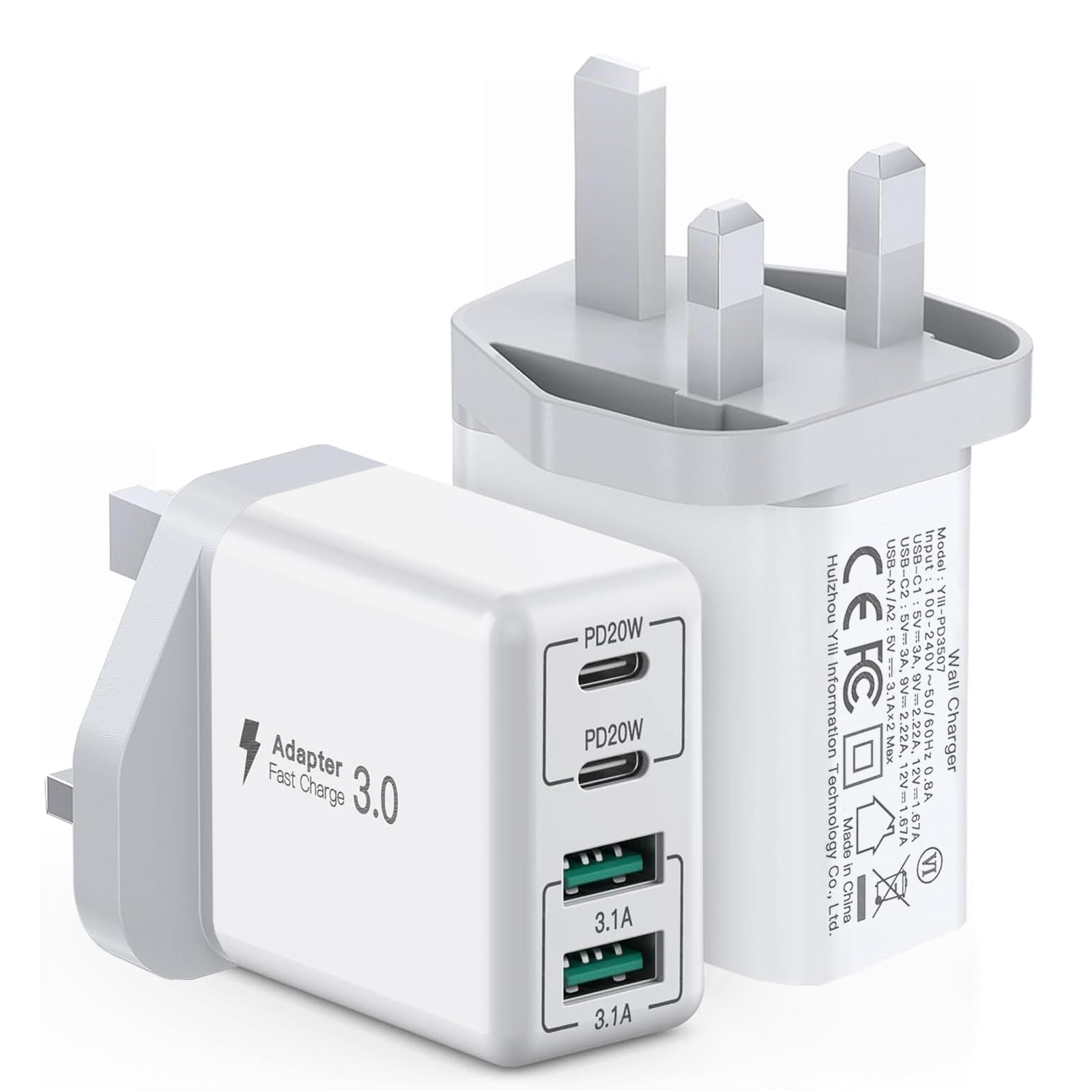 [2 Pack] USB C Plug, 40W 4-Port USB Fast Charger Plug Dual PD Type C ...
