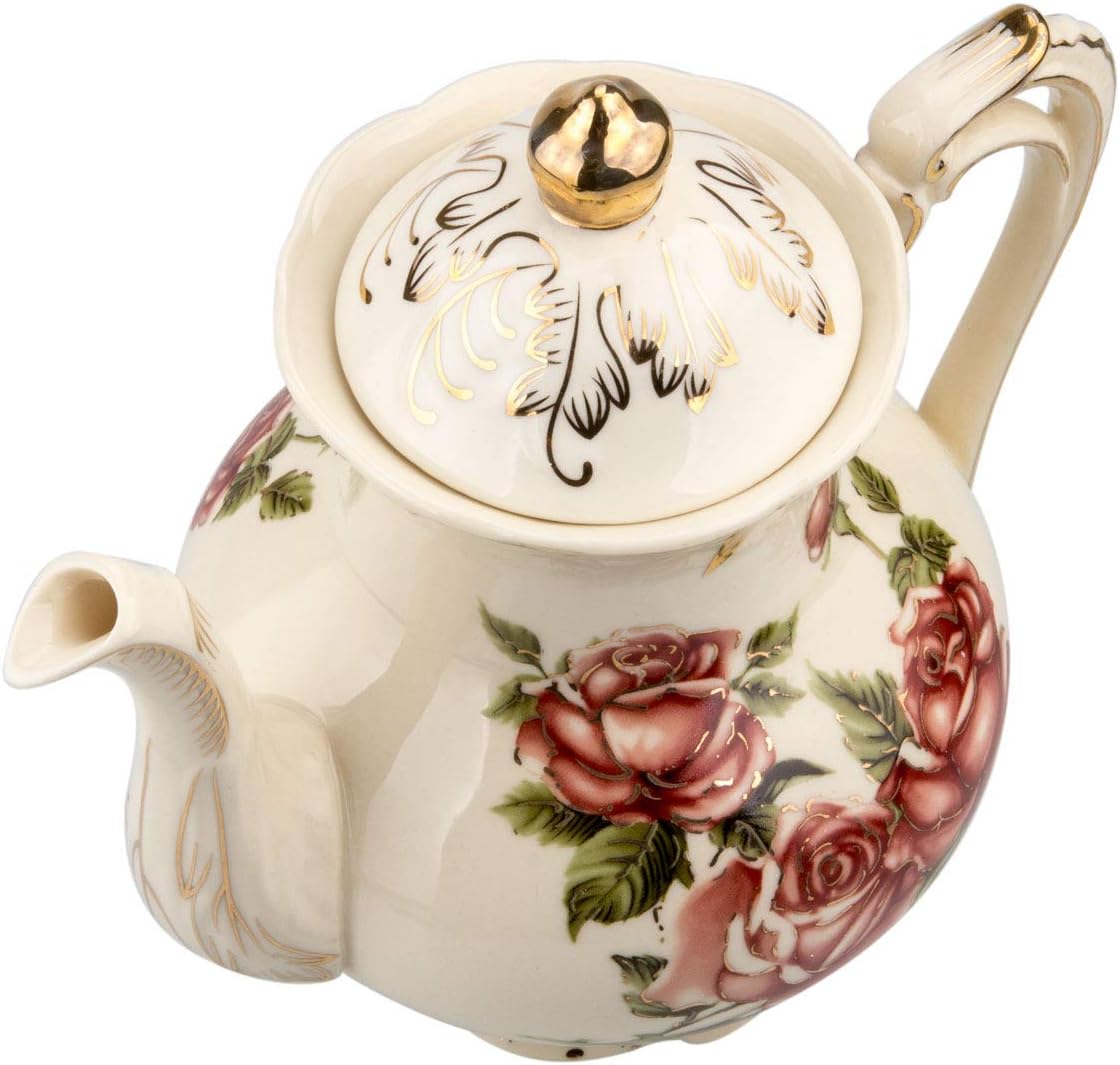 STARVAST Ceramic Tea Pot, Floral Vintage Pottery Teapot Ivory 28oz ...