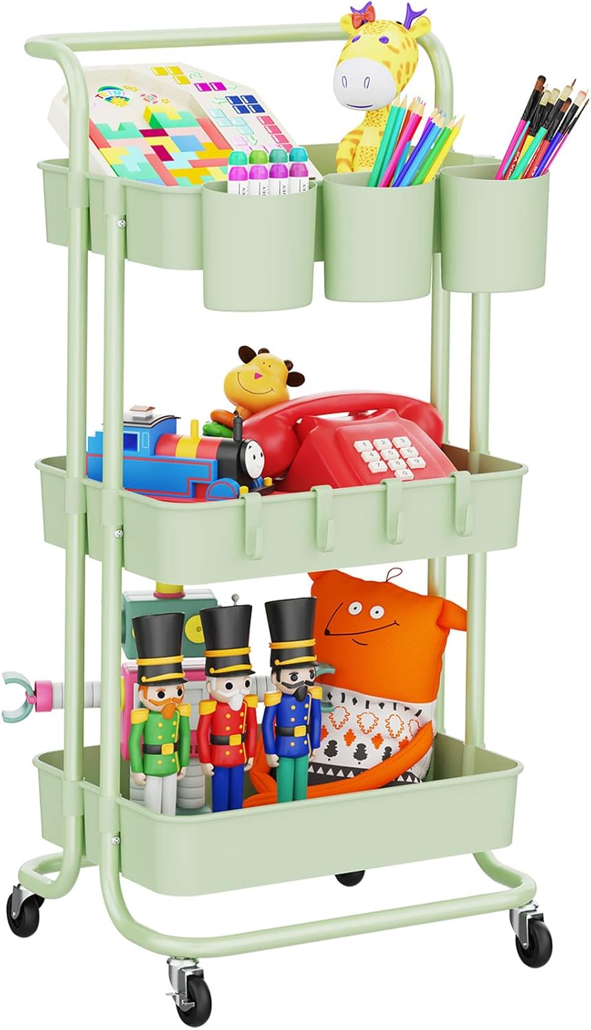 LEHOM 3-Tier Rolling Mobile Utility Cart with Hanging Cups & Hooks ...