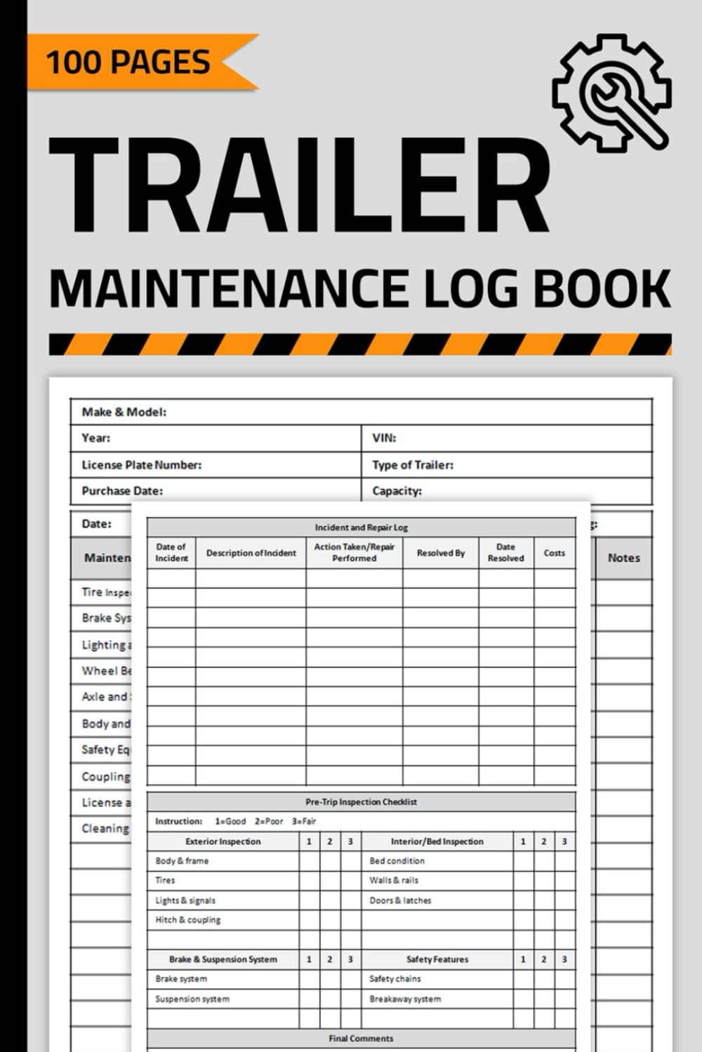 Trailer Maintenance Log Book: Trailer Repair & Service Record with Pre ...