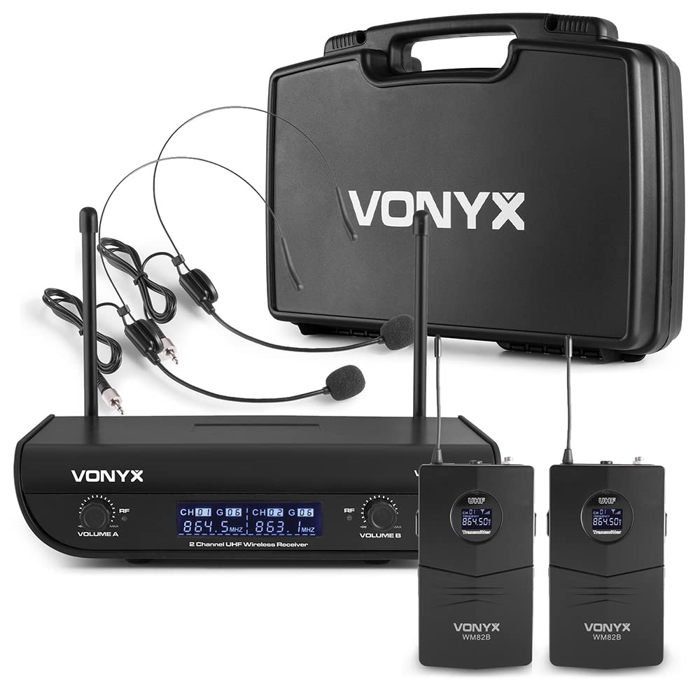 VONYX WM82B 2-Channel Wireless Headset Microphone System with UHF, USB ...