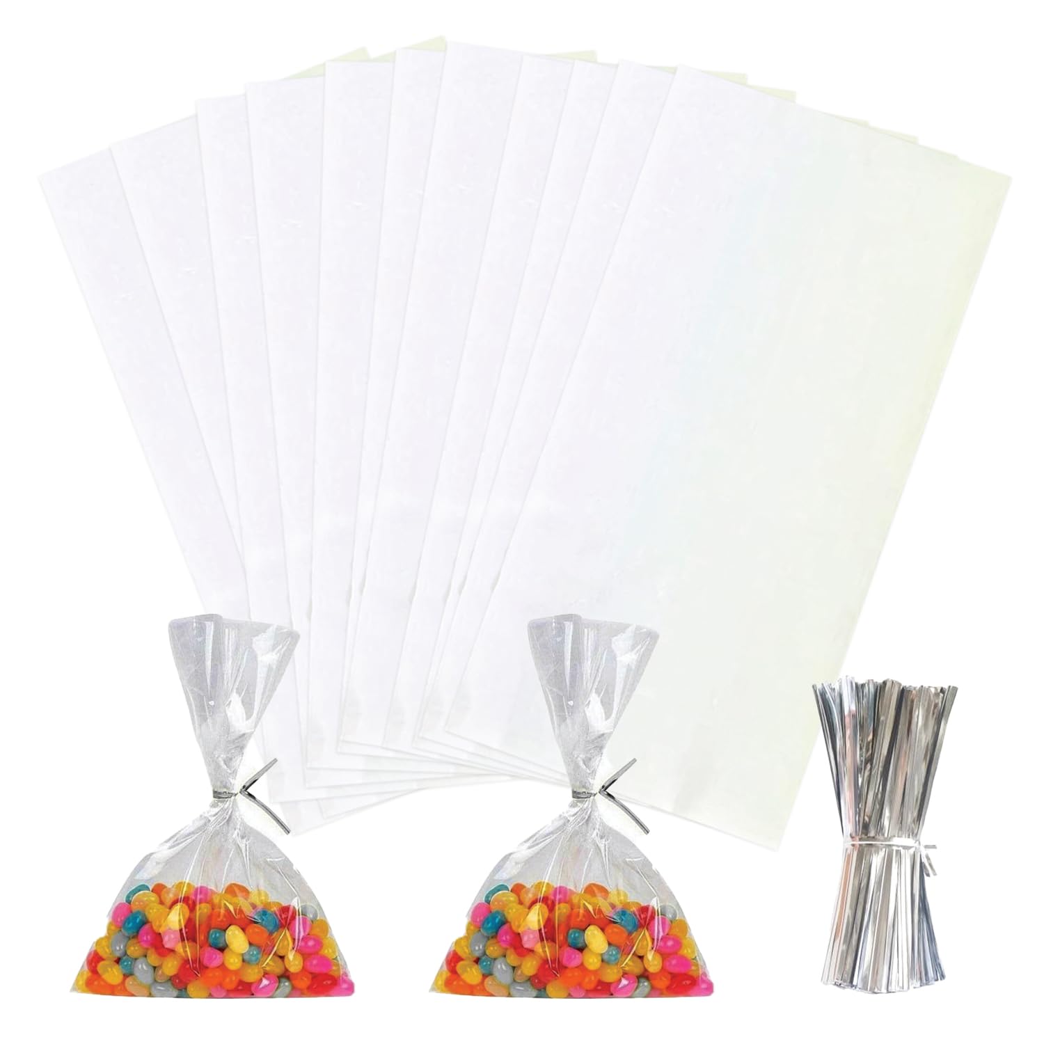 20pcs Clear Cellophane Party Bags and Silver Ties - 29 x 13 x 6cm Sweet ...