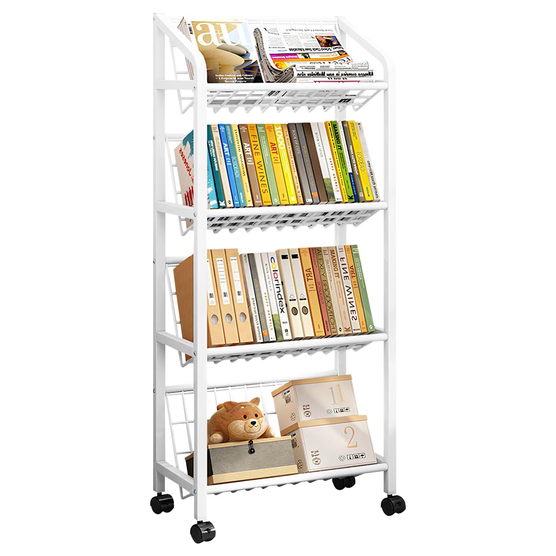 Amazon｜Jiza ファイルワゴン 4段 ブックトラック 書類収納 本棚 キャスター DVD 童书 教科書 収納 360°キャスター付き オフィス 家庭 学校 ホワイト 適用 50*26 ...