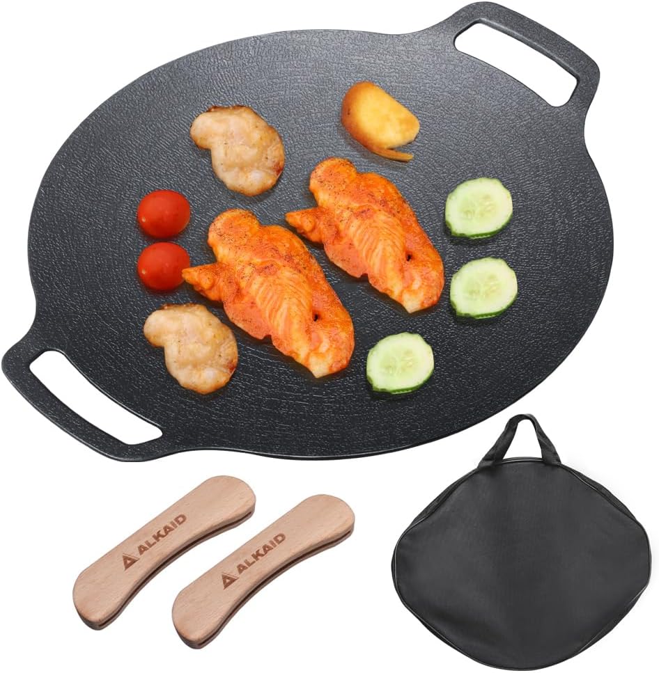 Amazon.co.jp: ALKAID マルチグリドル キャンプ用品 鉄板 ih 直火 33cm 軽量 グリドルパン 焼肉 bbq シーズニング不要 アウトドア シリコーンとってカバー付き ...