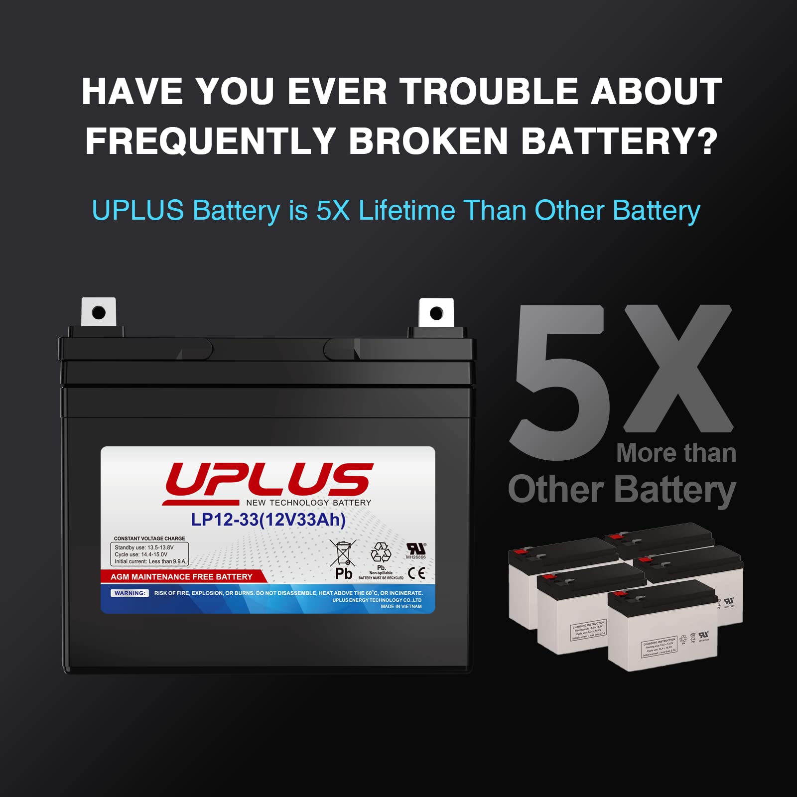 Snapklik.com : UPLUS LP12-33 12 Volt 33Ah Deep Cycle AGM Battery, DJW12 ...