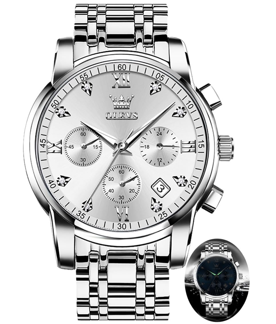 OLEVS Chronograph Watch Men Silver Stainless Steel Waterproof Mens ...