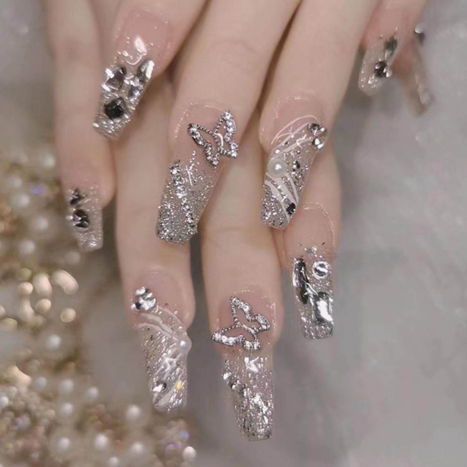 Amazon.com: Hkanlre Bling Butterfly Press on Nails Long Silver Fake ...