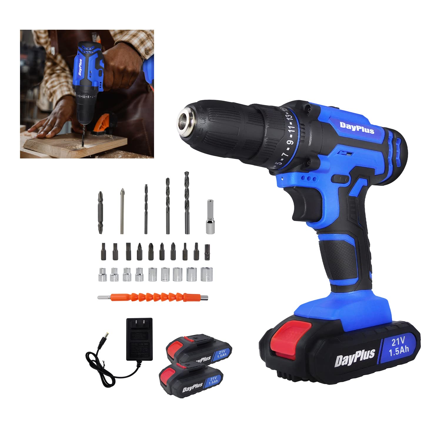 Amazon.com: 21V Cordless Drill Driver Screwdriver with LED, 45Nm Screw ...