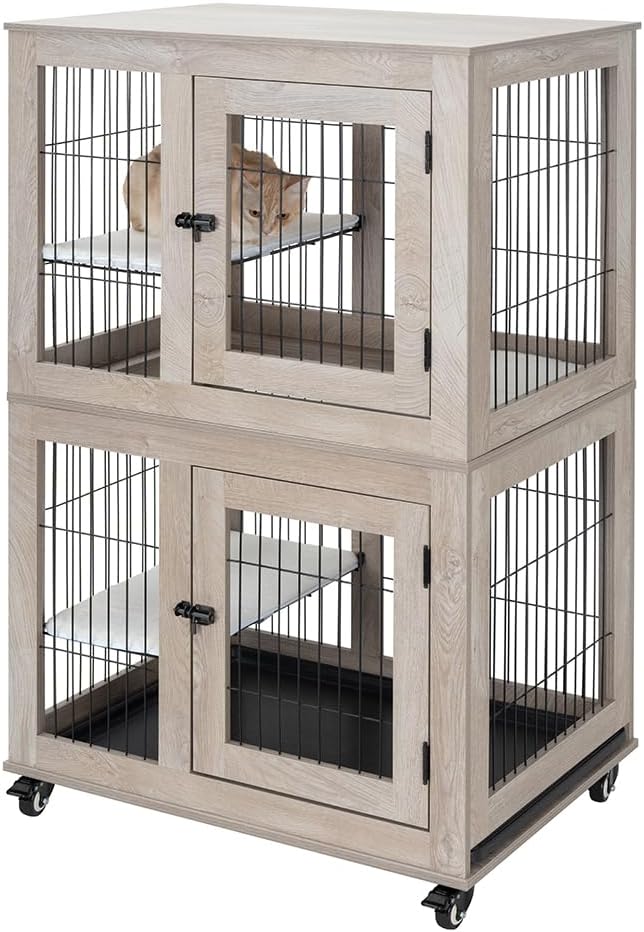 Amazon.com : unipaws Wooden 2-Tier Cat Cage, Indoor Cat House with ...