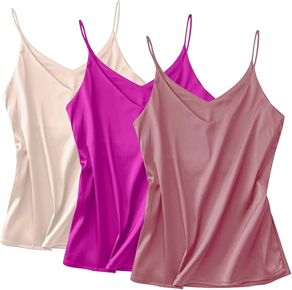 Miqieer Basic 3 Pack Women's Silk Tank Top Ladies V-Neck Camisole Silky ...