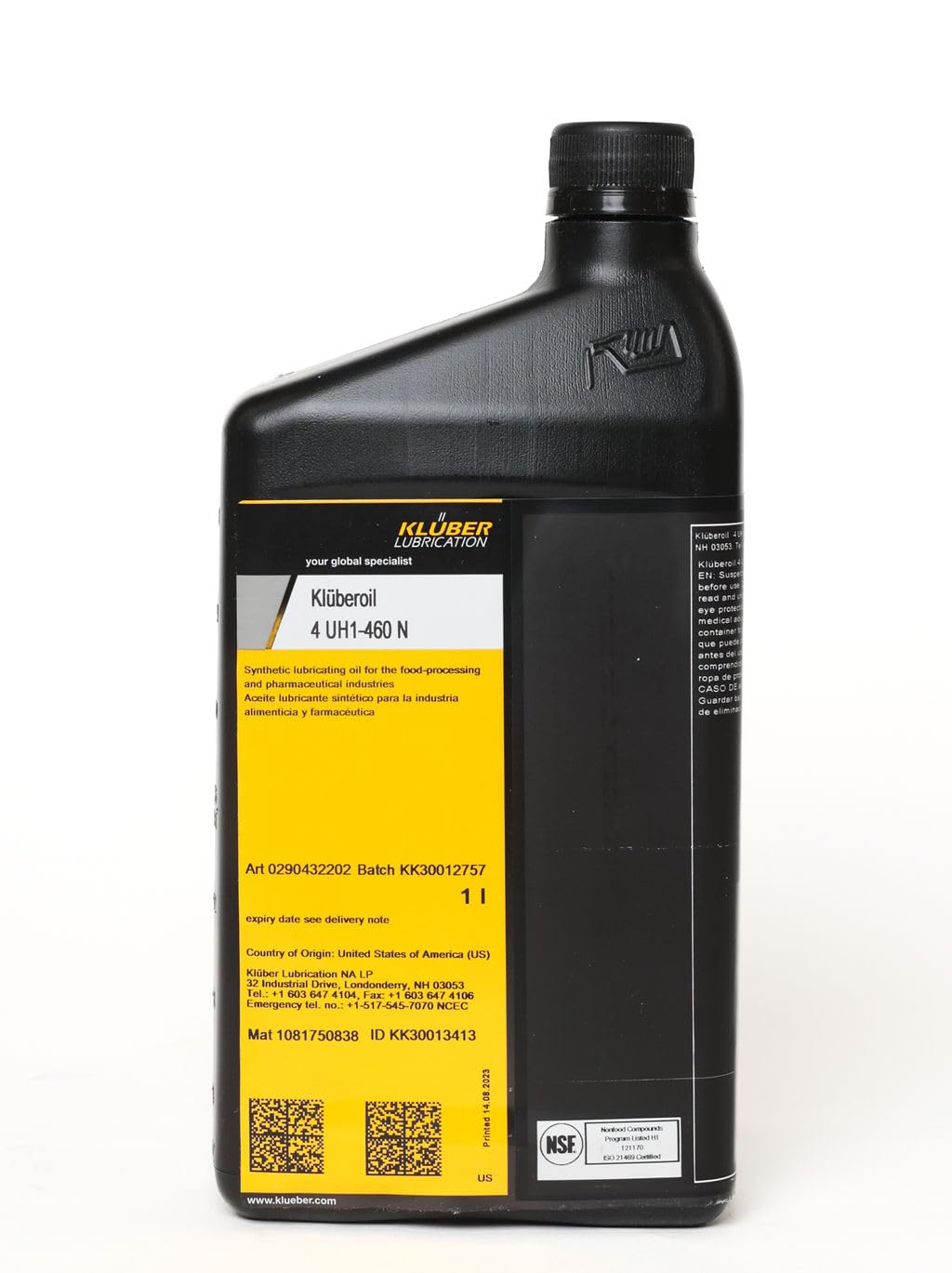 Kluber Lubrication Kluberoil 4 UH1-460 N Food Grade Gear Oil for Spur ...