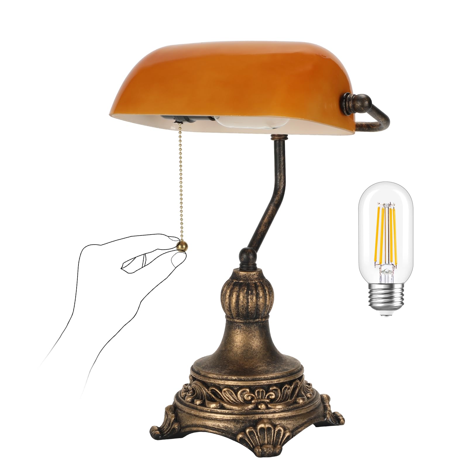 NISSAFORS Bankers Lamp with Pull Switch, Amber Glass Desk Lamp with ...