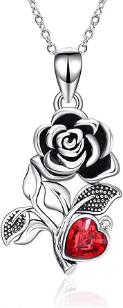 AOBOCO Rose Flower Necklace Sterling Silver for Girl with Red Crystals ...