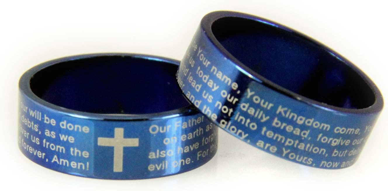 Amazon.com: Religious Rings S19 Blue Stainless Steel Our Father Prayer ...