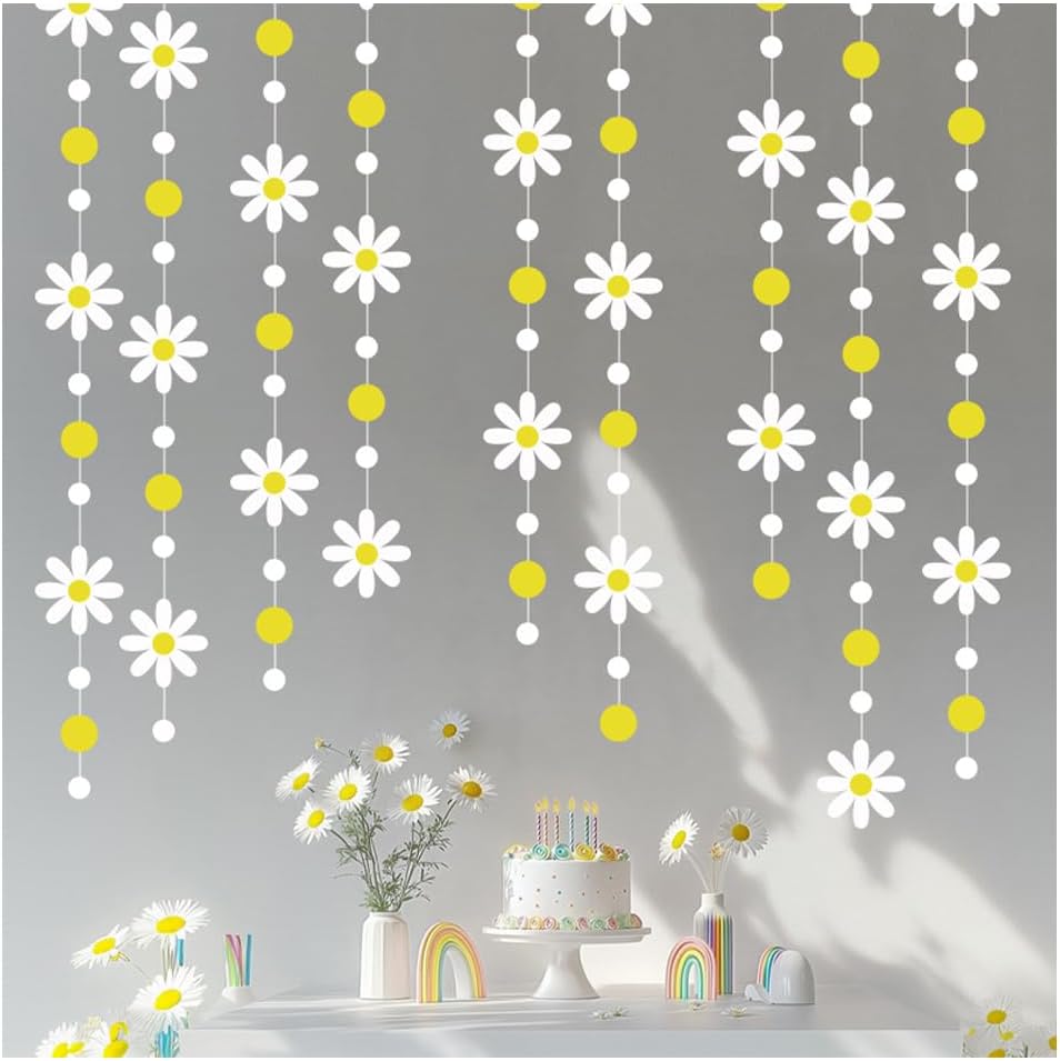 Amazon.com: Cunxi 52.5 Ft Yellow White Polka Dot Daisy Hanging Garland ...