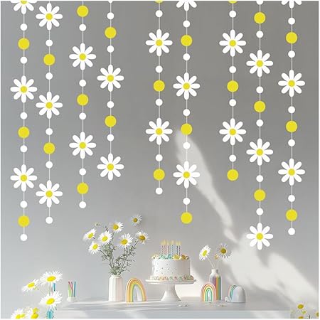 Amazon.com: Cunxi 52.5 Ft Yellow White Polka Dot Daisy Hanging Garland ...