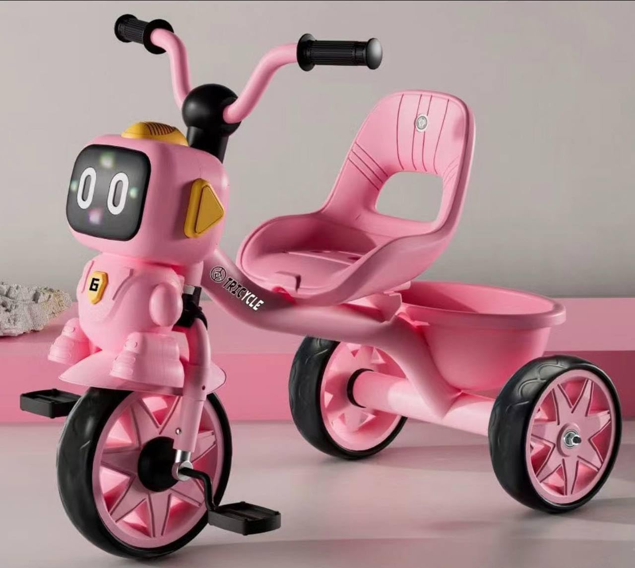 Tricycle with Cartoon Face, Lights & Music – Baby Cycle with Back ...
