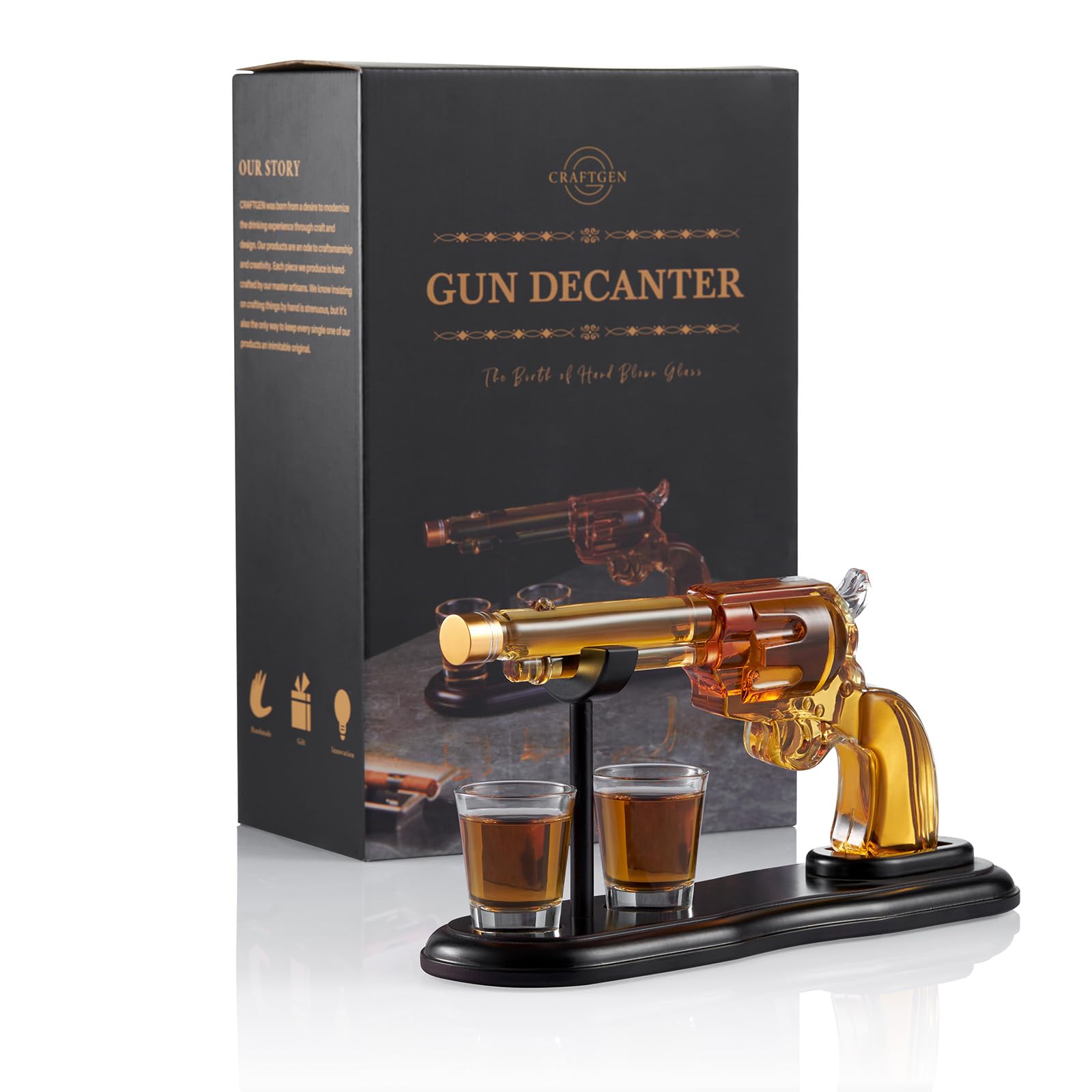 CRAFTGEN Revolver Gun Whiskey Decanter Set with 2 Bullet Glasses ...